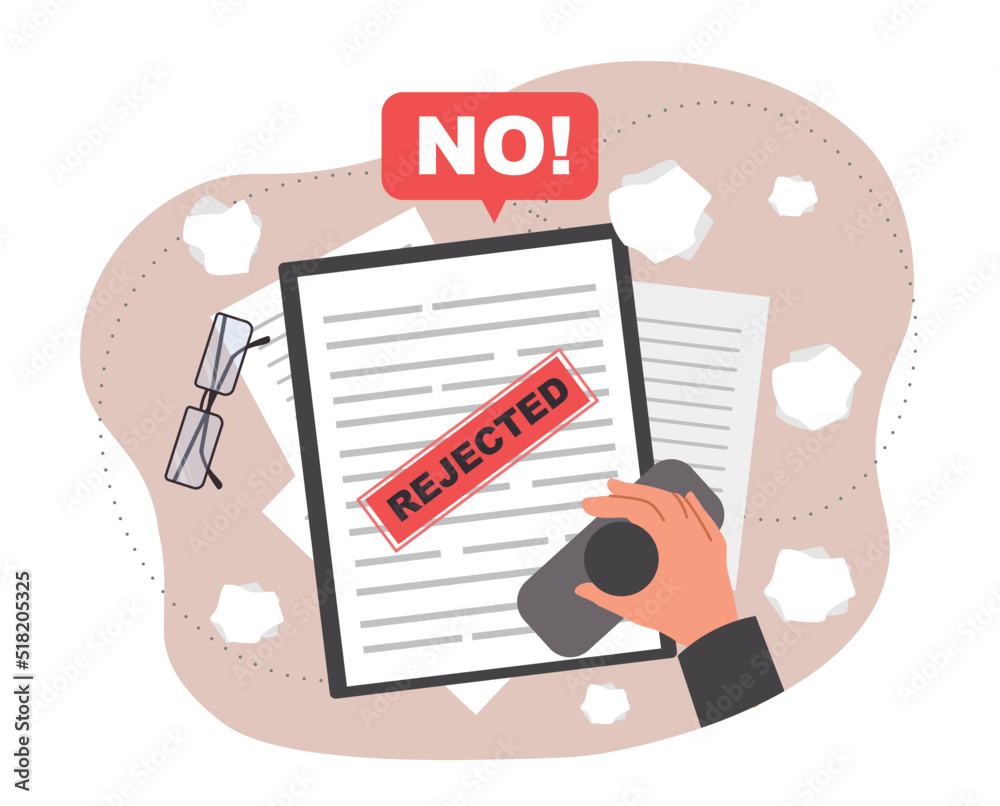 Vecteur Stock Rejected document concept. Hand with stamp puts mark on ...