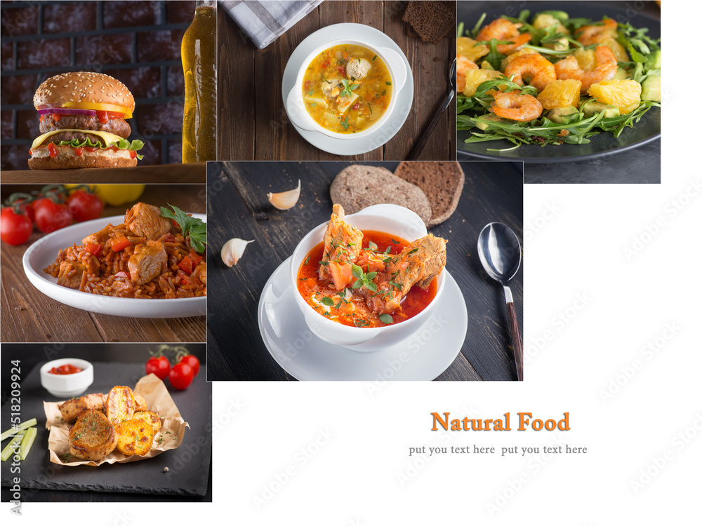 Natural food photo collage meat and dessert restaurant menu. Collage ...