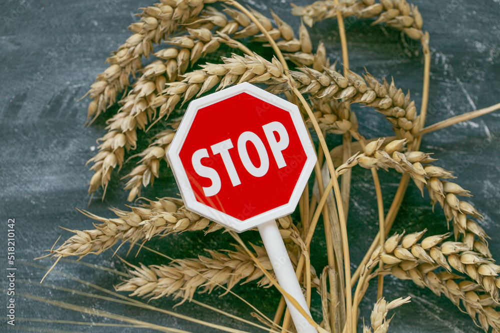 Stop on the import and export of wheat.Wheat ears and red stop sign on ...