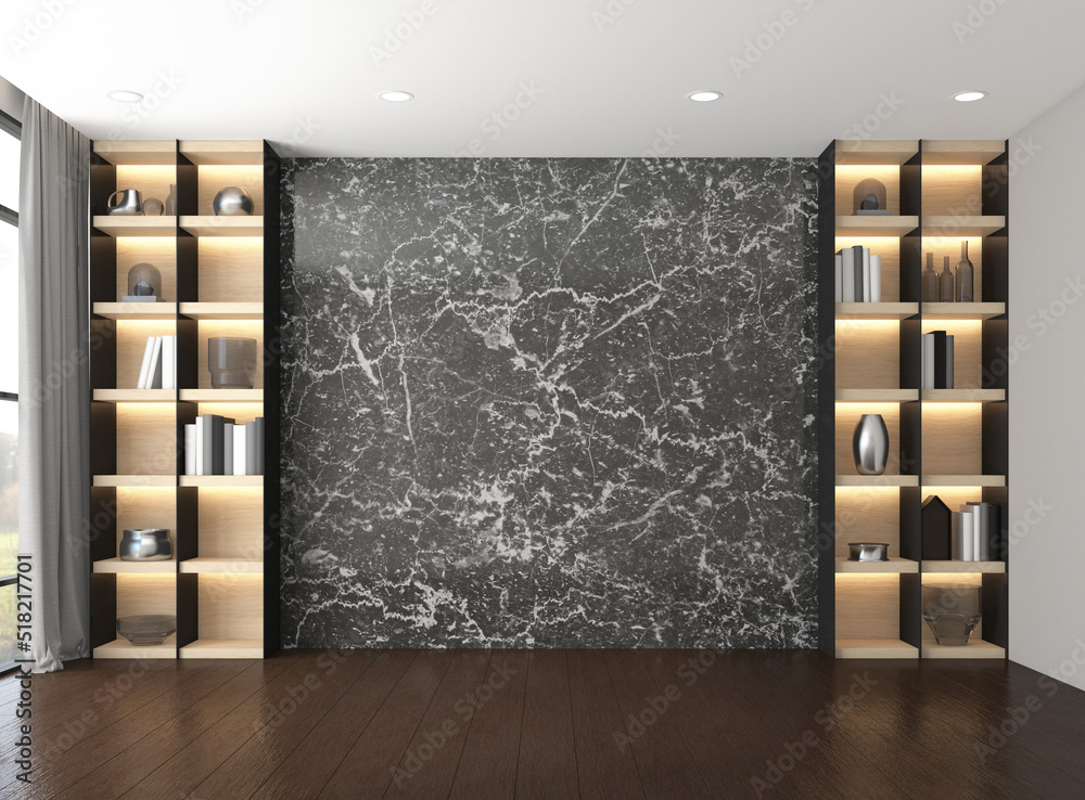 Modern luxury empty room with black marble wall and bookshelf. 3d ...