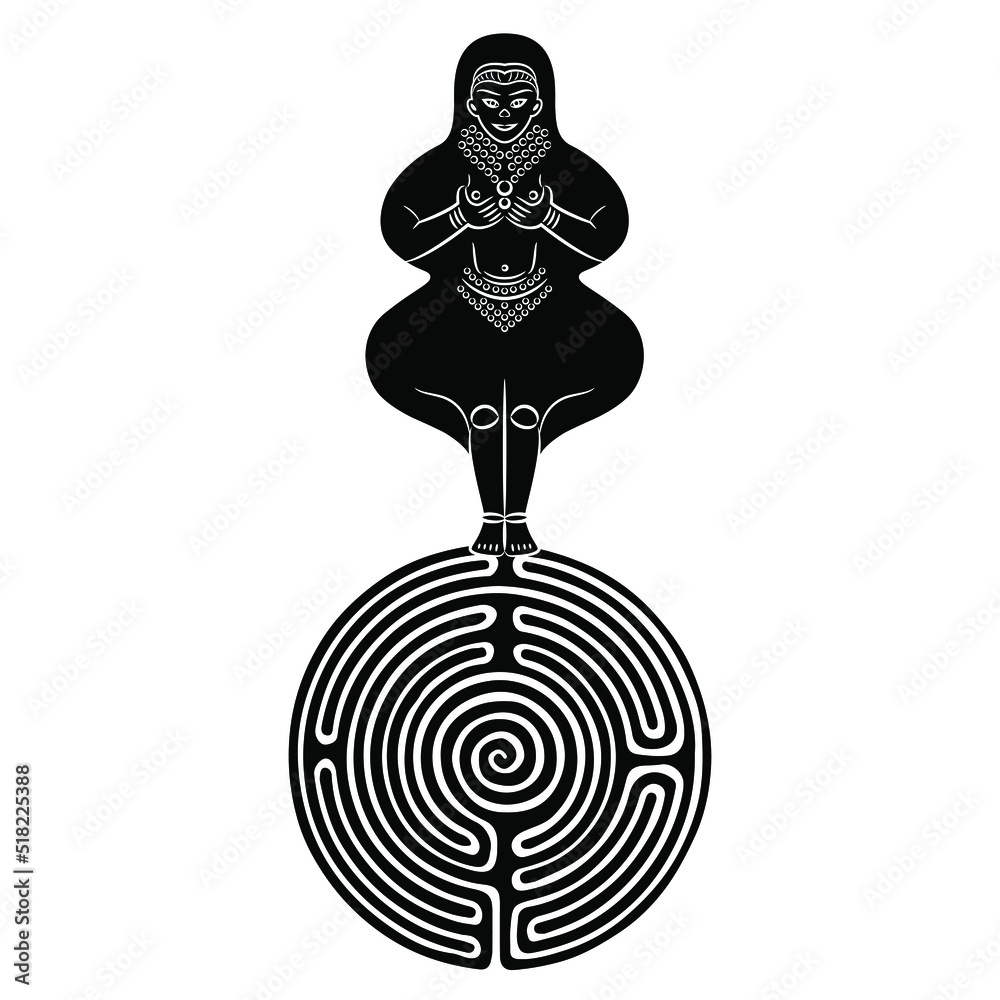 Fertility goddess standing on a round spiral maze or labyrinth symbol ...