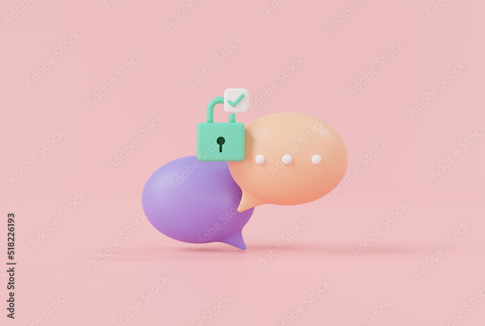 Concept of security chat. 3d Chat bubble protection secured with locked ...