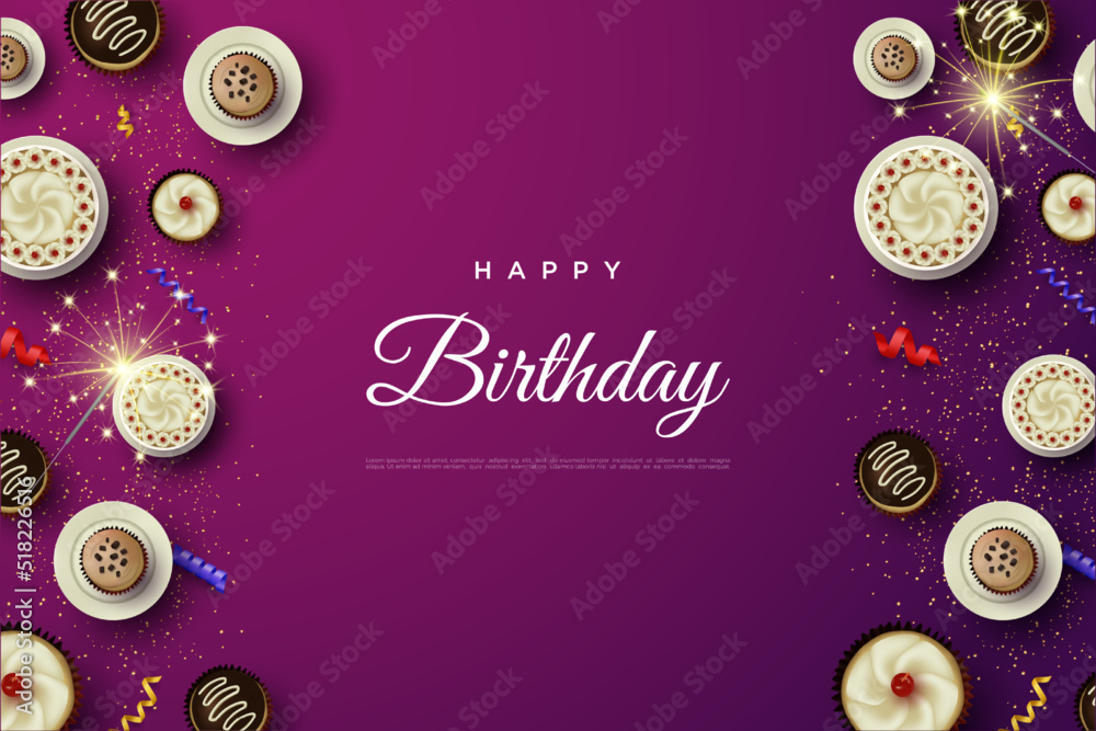 Happy birthday background with various cakes. Stock Vector | Adobe Stock