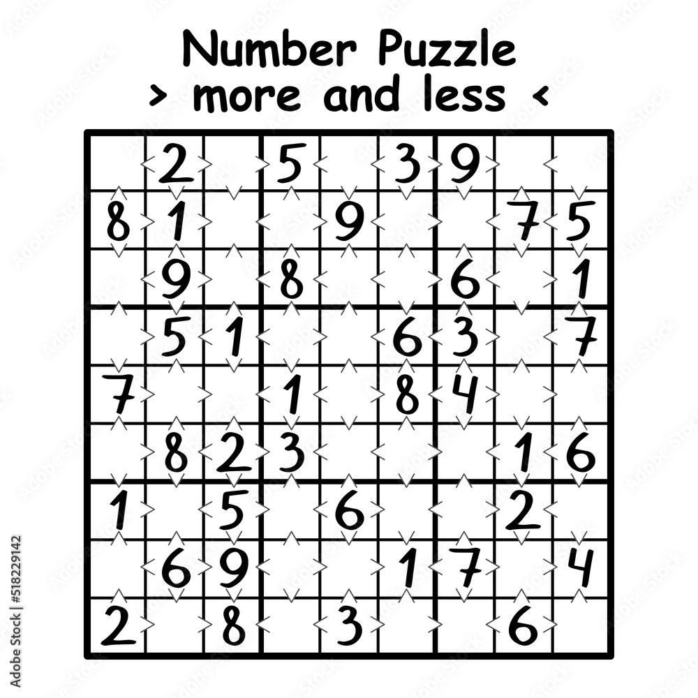 Black And White Greater Than Sudoku Game Vector Illustration Simple Logic Game With 1 9 Numbers