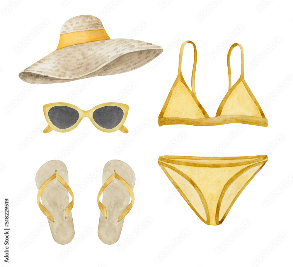 Vintage beach set of clothes watercolor hand drawn illustration ...