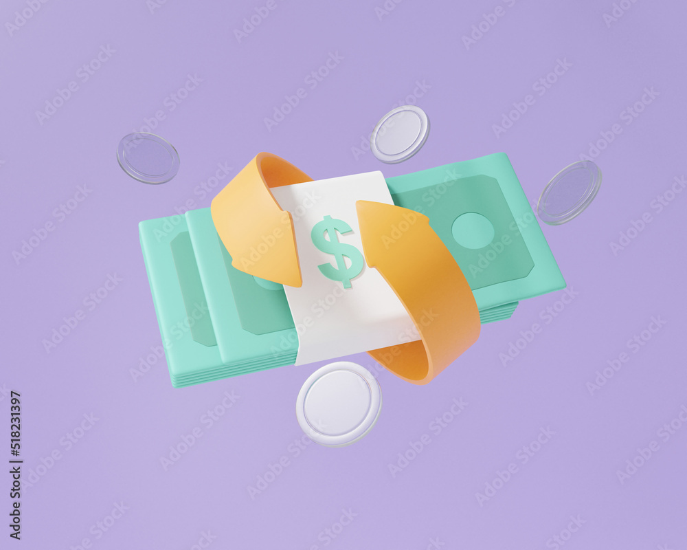 Banknote cashback arrow transaction concept. Online payments coin ...