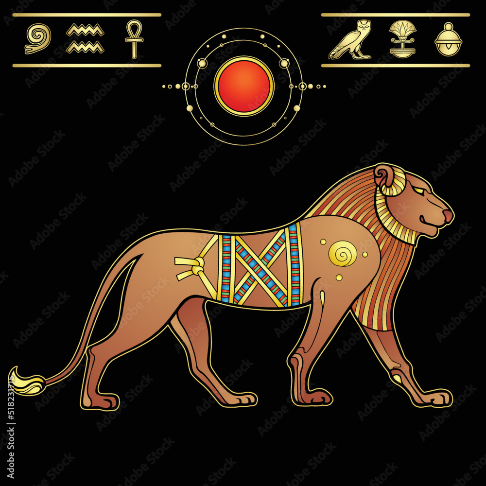 Animation image of an Egyptian lion. View profile. Set of hieroglyphs ...