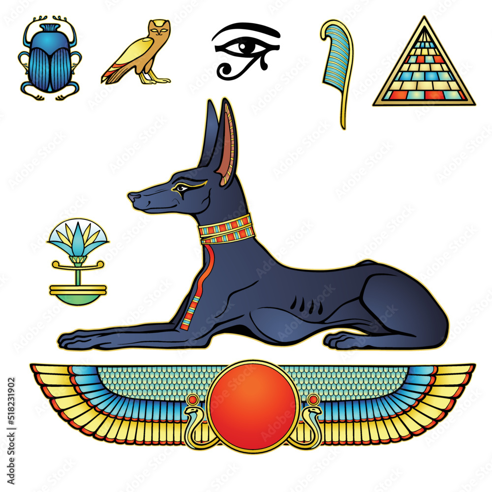 Animation color portrait Ancient Egyptian god Anubis in form of a lying ...