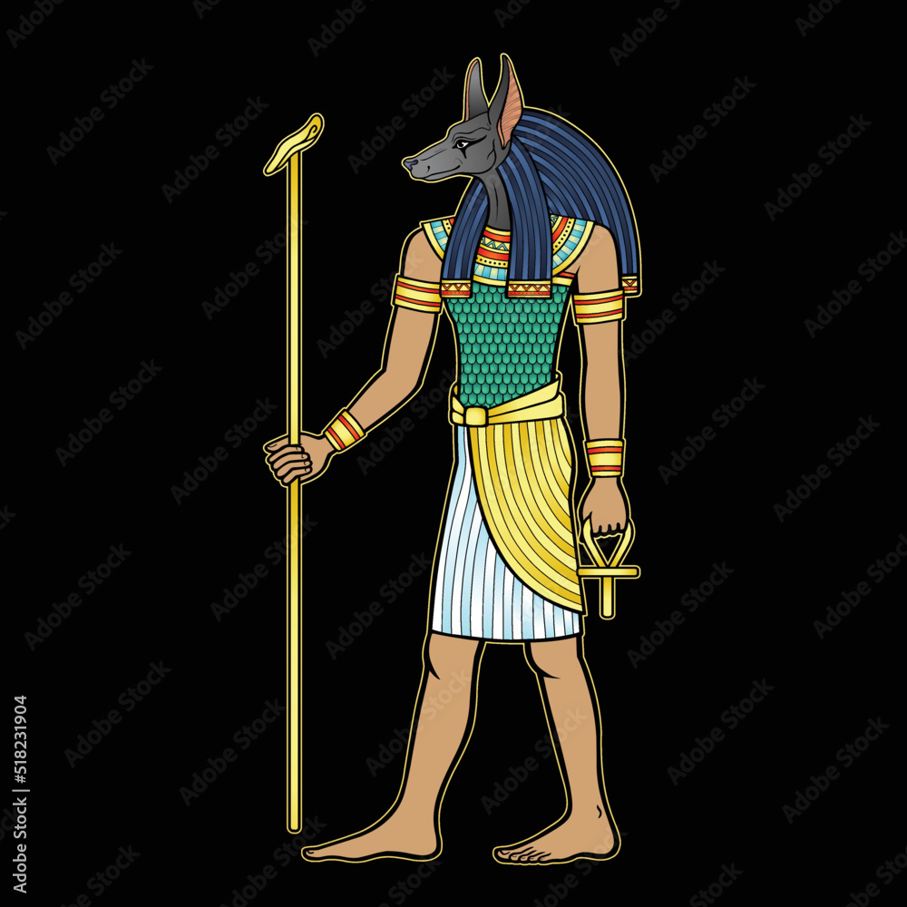 Animation portrait: Ancient Egyptian god Anubis holds a staff and an ...