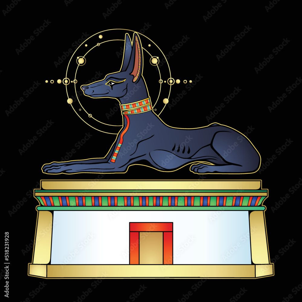 Animation portrait: Ancient Egyptian god Anubis in form of a lying dog ...