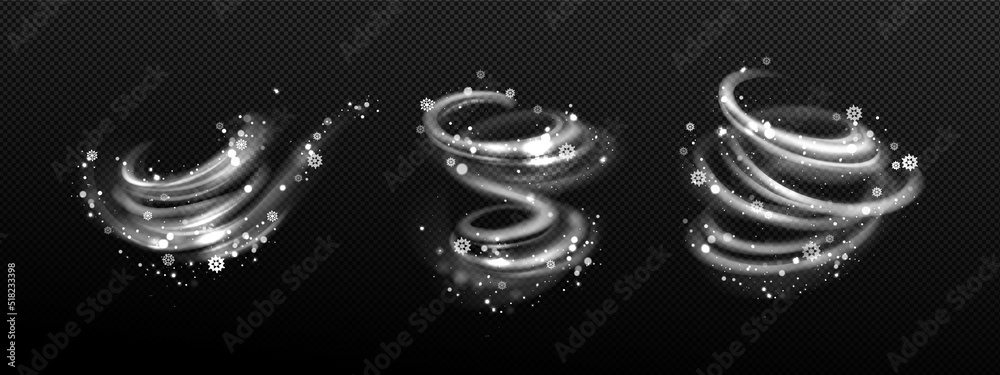 Winter wind effect with swirls and waves of white mist clouds with snow ...