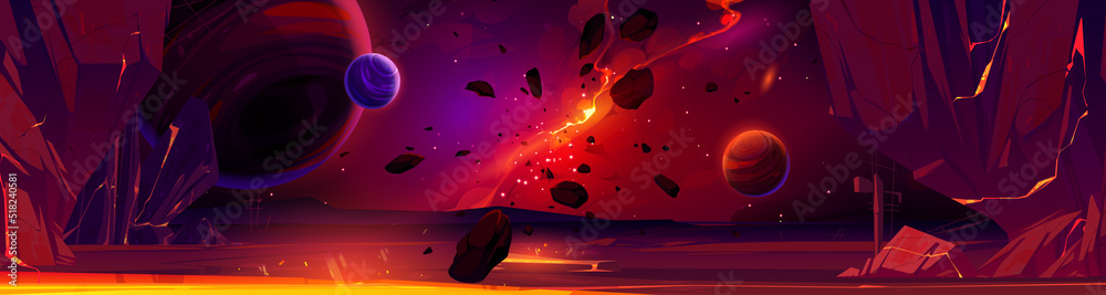 Cartoon red space background with glowing galaxy nebula and flying ...