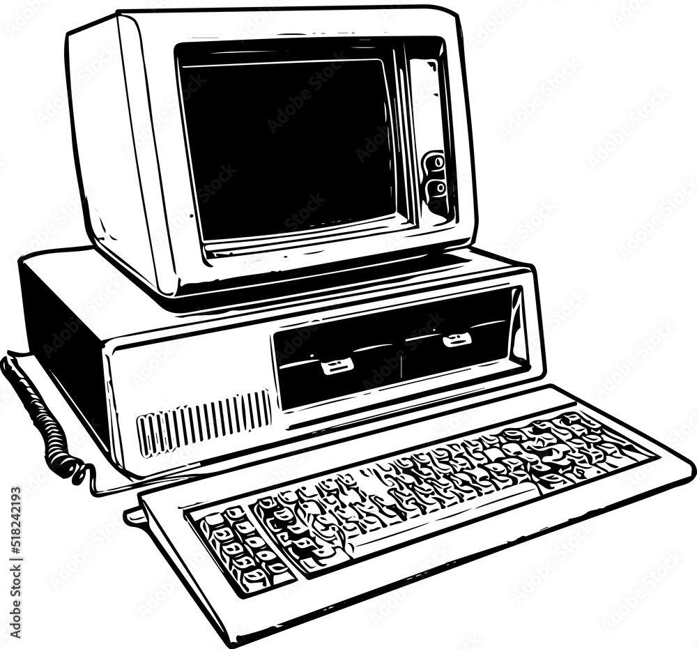 silhouette of old retro computer, sketch drawing of vintage model of ...