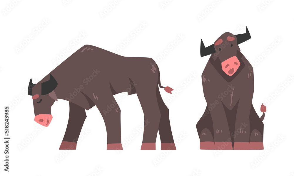 Big bull farm animal sitting and grazing set cartoon vector ...