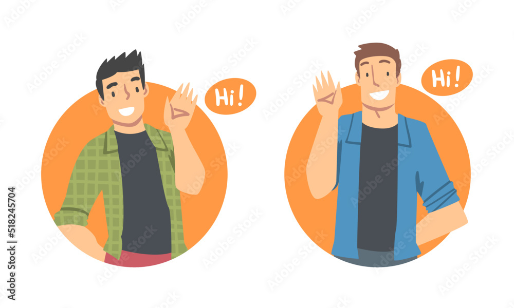 Cheerful people saying Hi set. Smiling young man doing greeting gesture ...