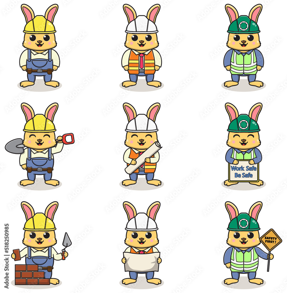 Vector illustration of Rabbit worker, builder, laborer cartoon. Cute ...