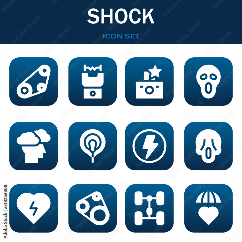 shock icon set. Vector illustrations related with Timing belt, Stun gun ...