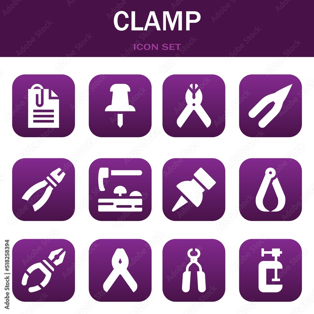 clamp icon set. Vector illustrations related with Paperclip, Push pin ...