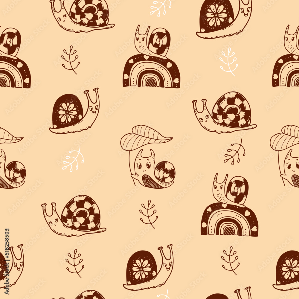 Vecteur Stock Seamless pattern with cute snails. Decorative snail characters on rainbow, under ...