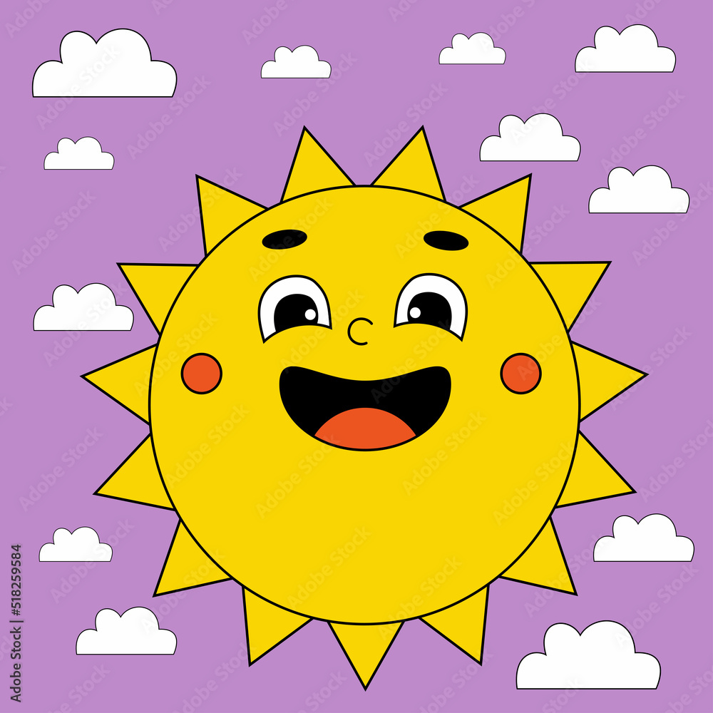 Funny cartoon character. Groovy element funky sun on an acid background ...