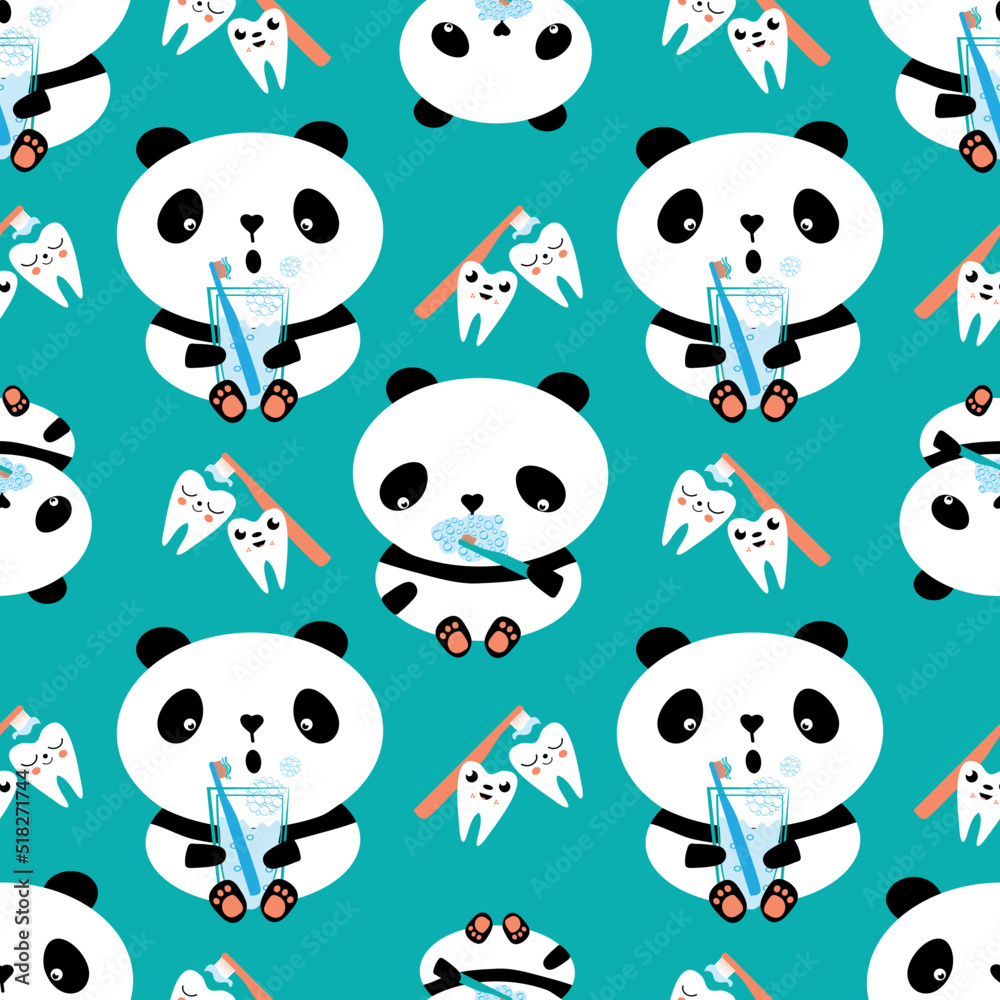 Kawaii panda kids dental health care vector educational seamless ...
