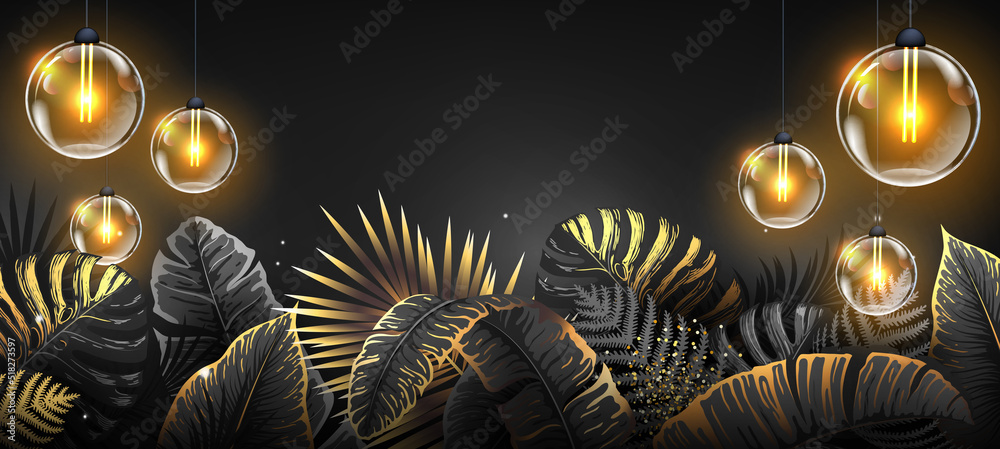 Summer background with electric modern lamps and tropic leaves. Black ...