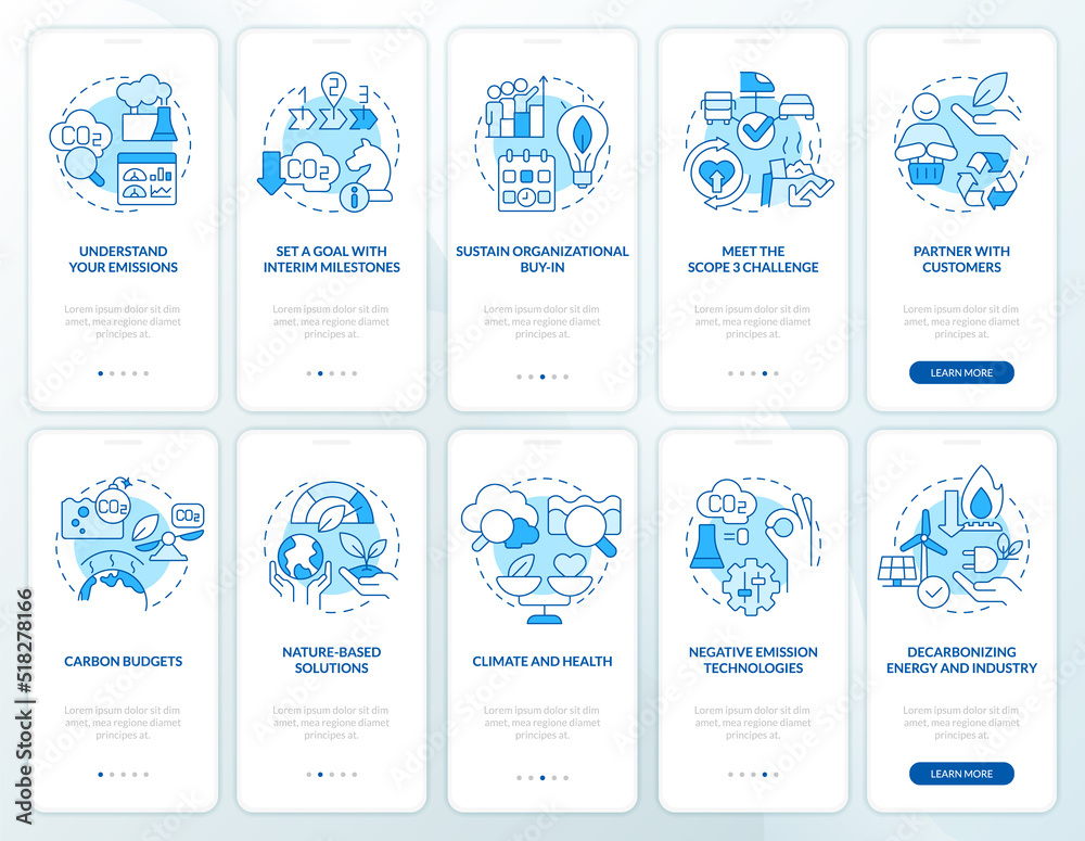 Transforming To Net Zero Blue Onboarding Mobile App Screen Pollution Walkthrough 5 Steps