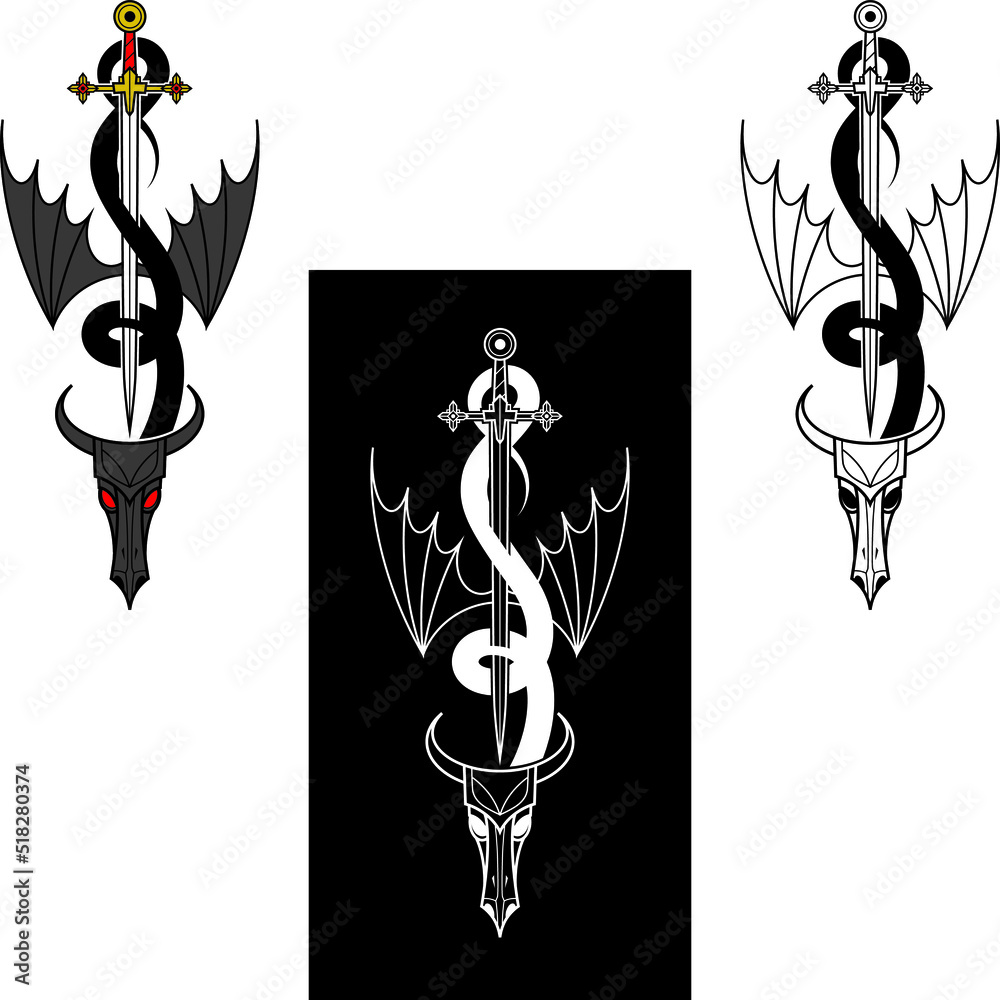Dragon pierced by a sword - vintage decorative symbol, emblem, tattoo ...
