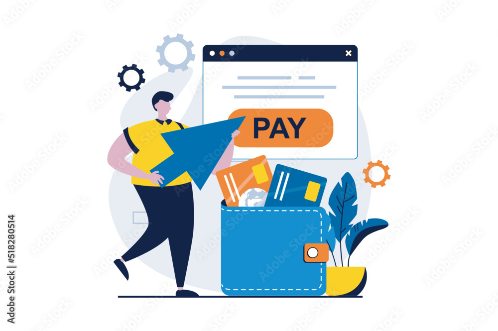E-payment process concept with people scene in flat cartoon design. Man ...