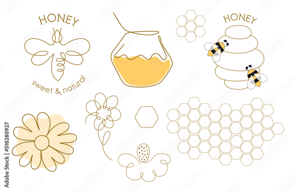 One line honey bee logo set. Single continuous line drawing icons ...