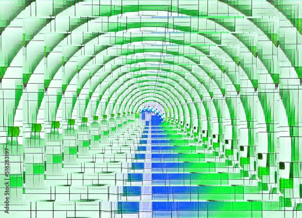 patterns and grid designs in vivid green and blue colours on a plain ...