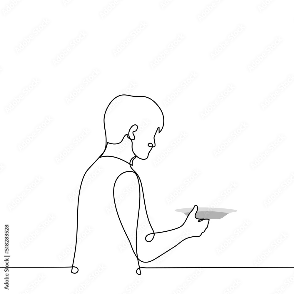 man with outstretched empty plate - one line drawing vector. concept a ...