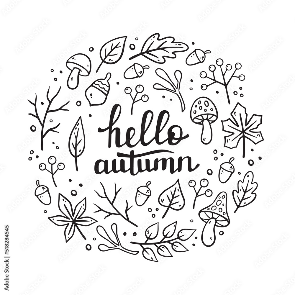 HELLO AUTUMN handwritten lettering. Autumn decorative frame, template ...