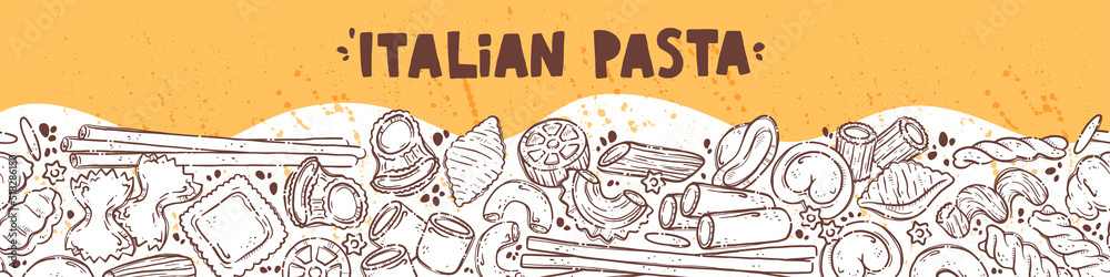 Lettering italian pasta. Different types of pasta for backgrounds, menu ...