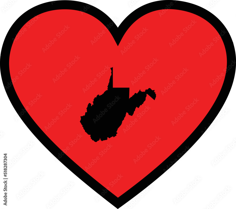 Black Map of US federal state of West Virginia inside red heart shape ...