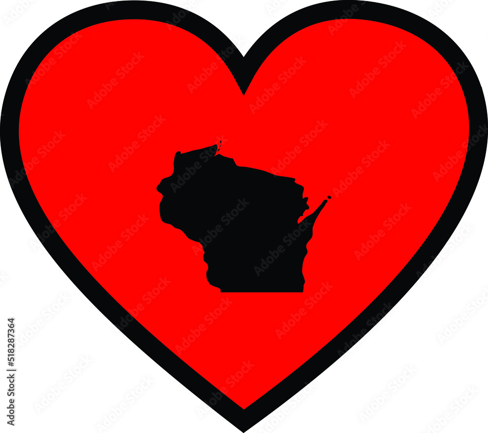 Black Map of US federal state of Wisconsin inside red heart shape with ...