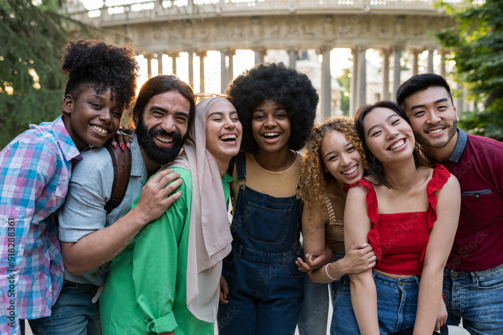 group of young multiracial friends traveling in the city Stock Photo ...