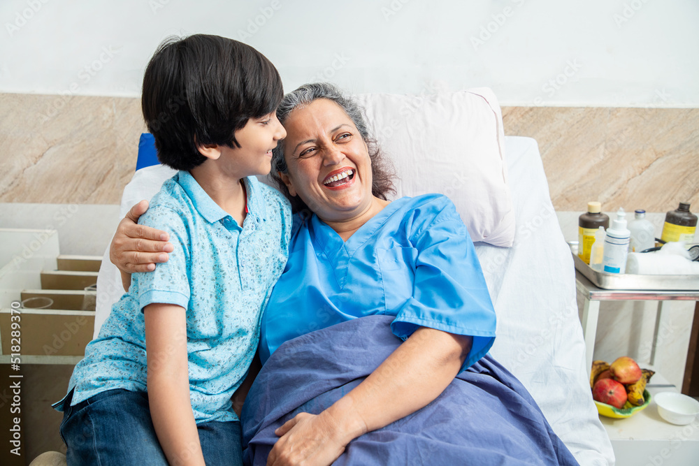 Young boy kid meet her old paralyzed granny at hospital, Elderly female ...
