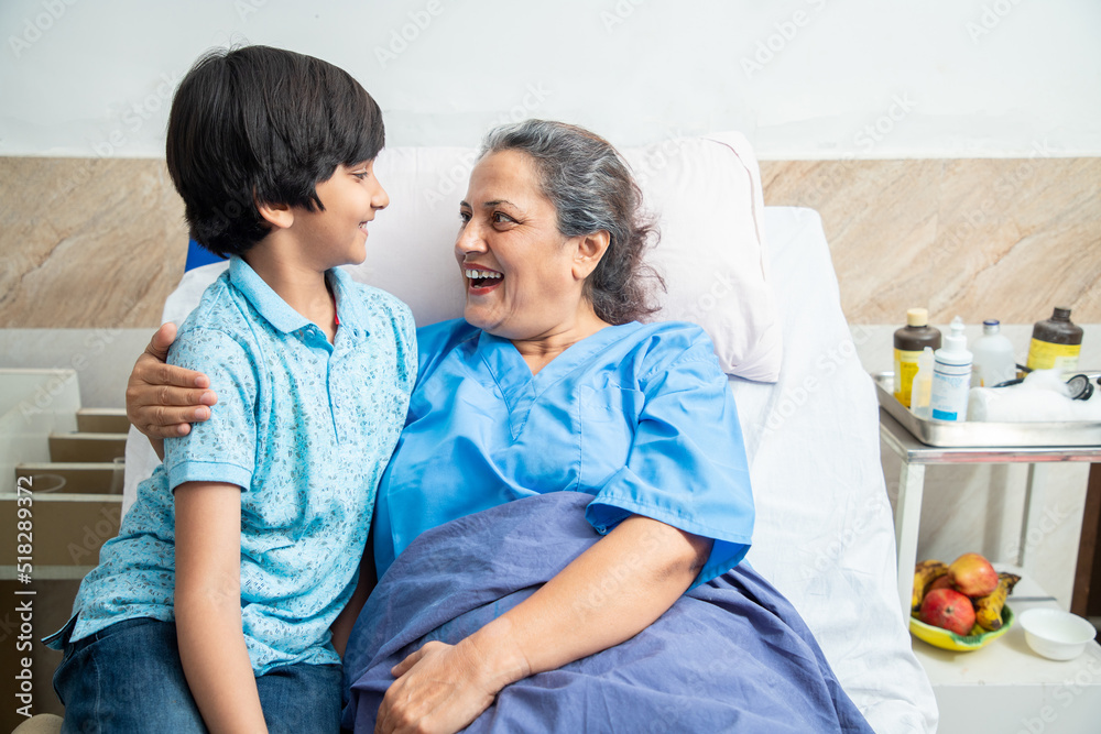 Young boy kid meet her old paralyzed granny at hospital, Elderly female ...