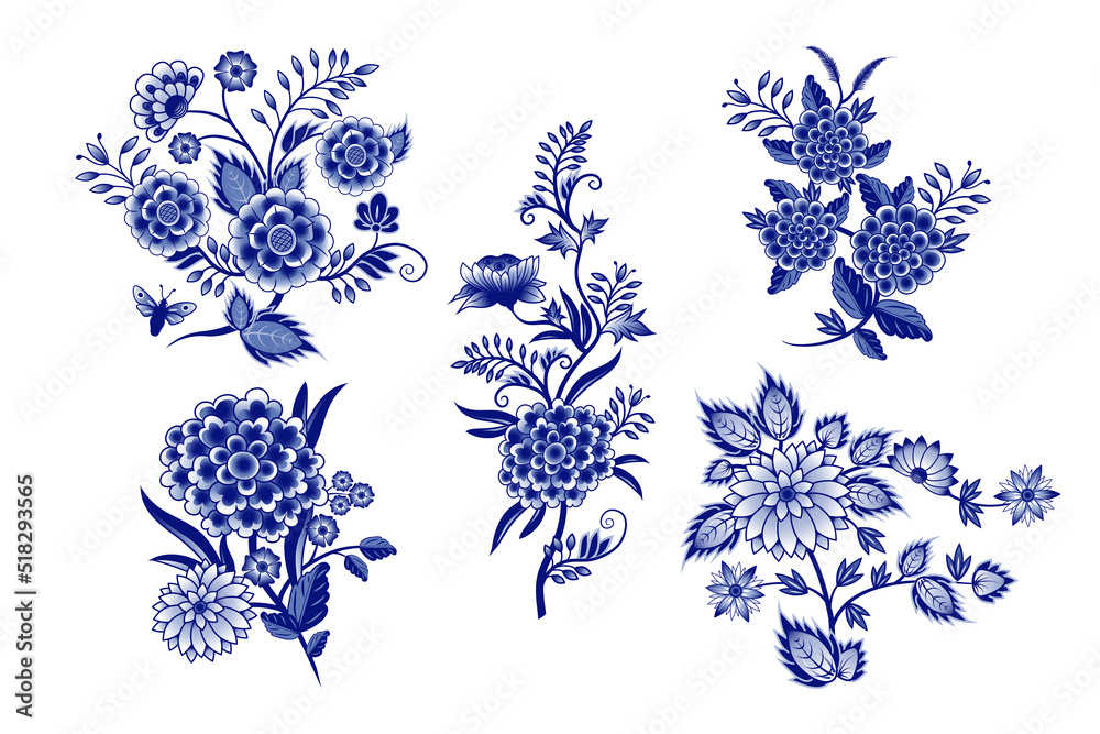 .Set of isolated blue and white Chinese style bouquets(various flowers ...