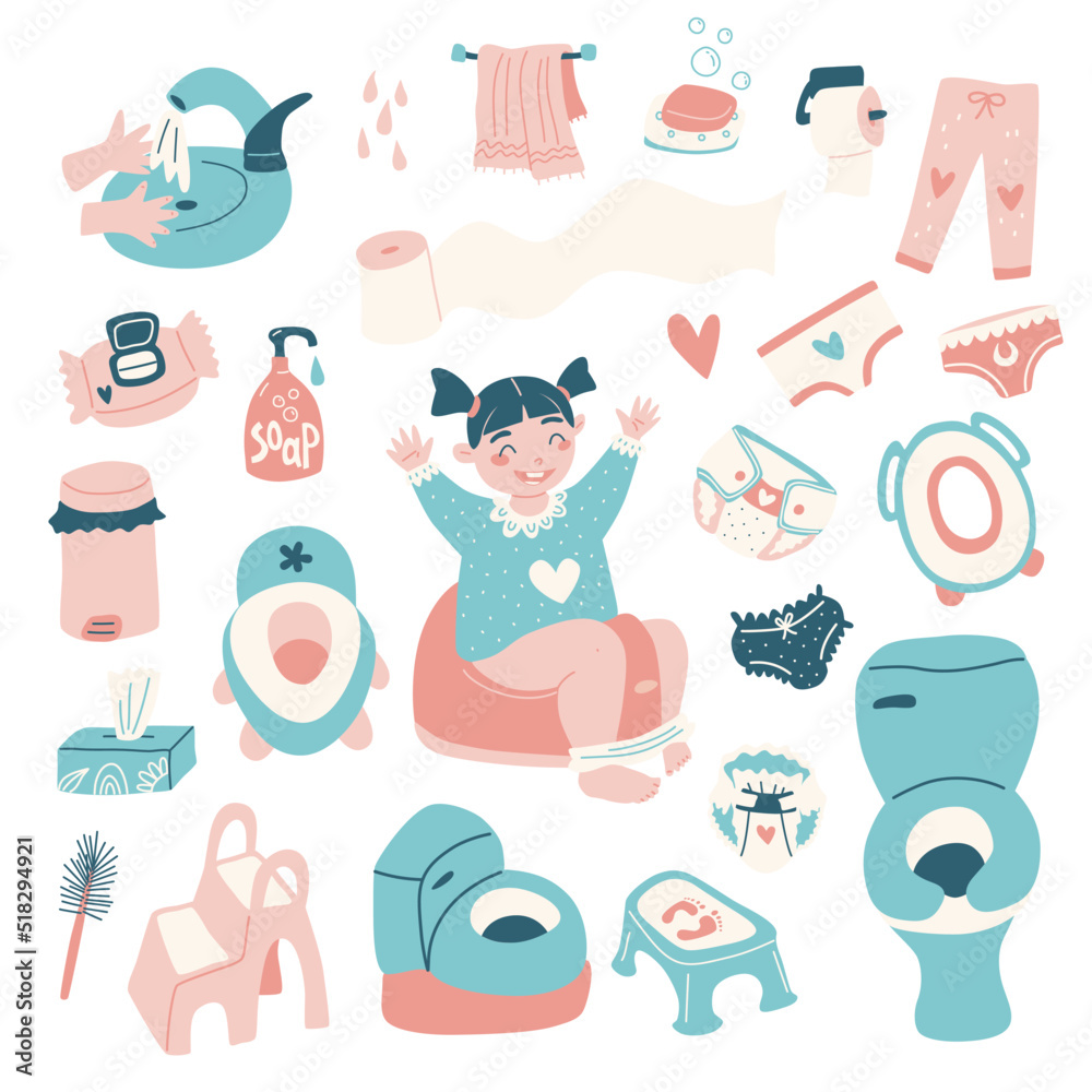 Potty training set. Toilet training items for kids. Hand drawn vector ...