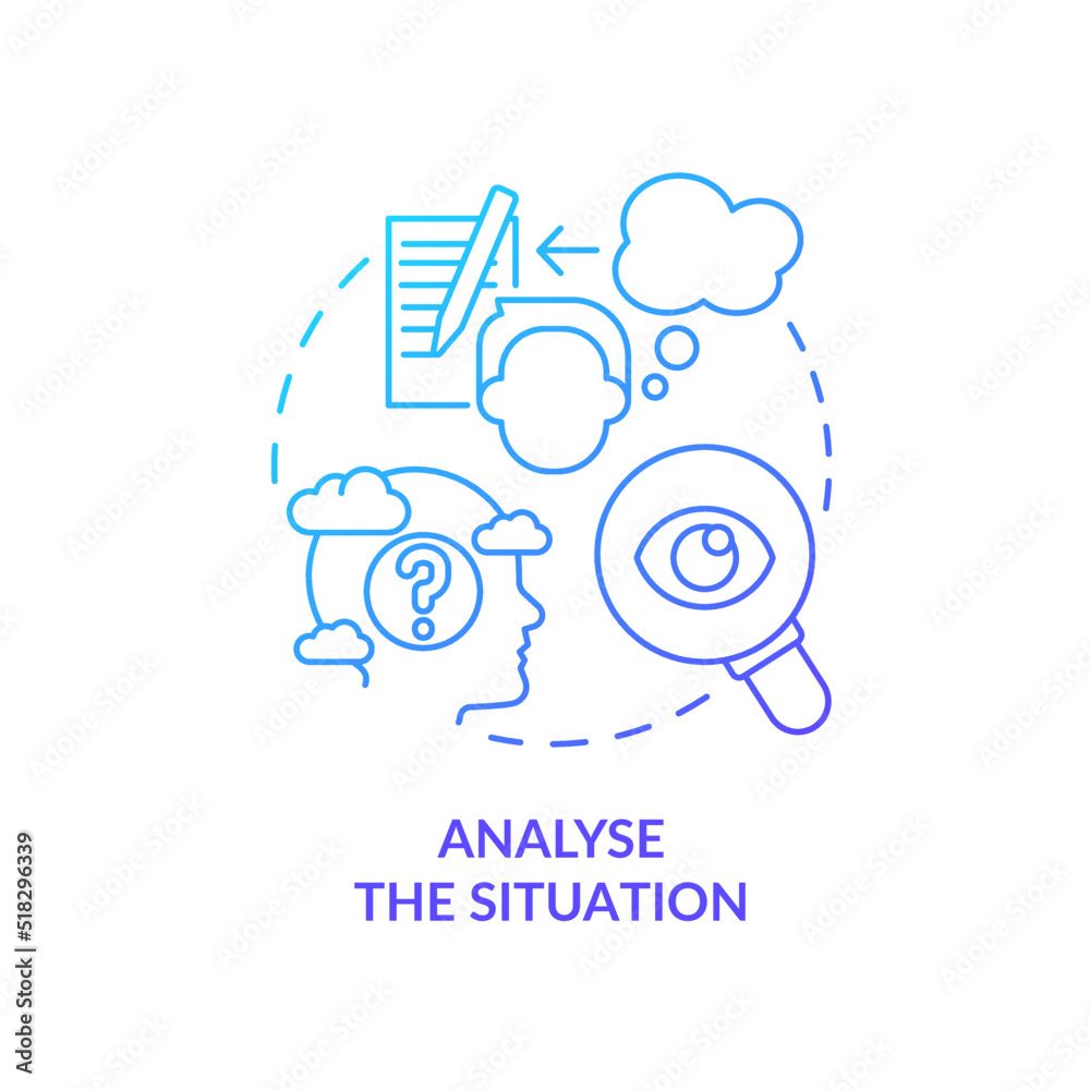 Analyse situation blue gradient concept icon. Evaluate details ...