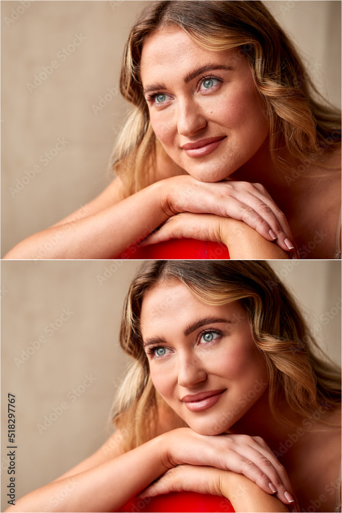Composite Shot Showing Head And Shoulders Photo Of Woman Before And After Retouching Stock Photo ...