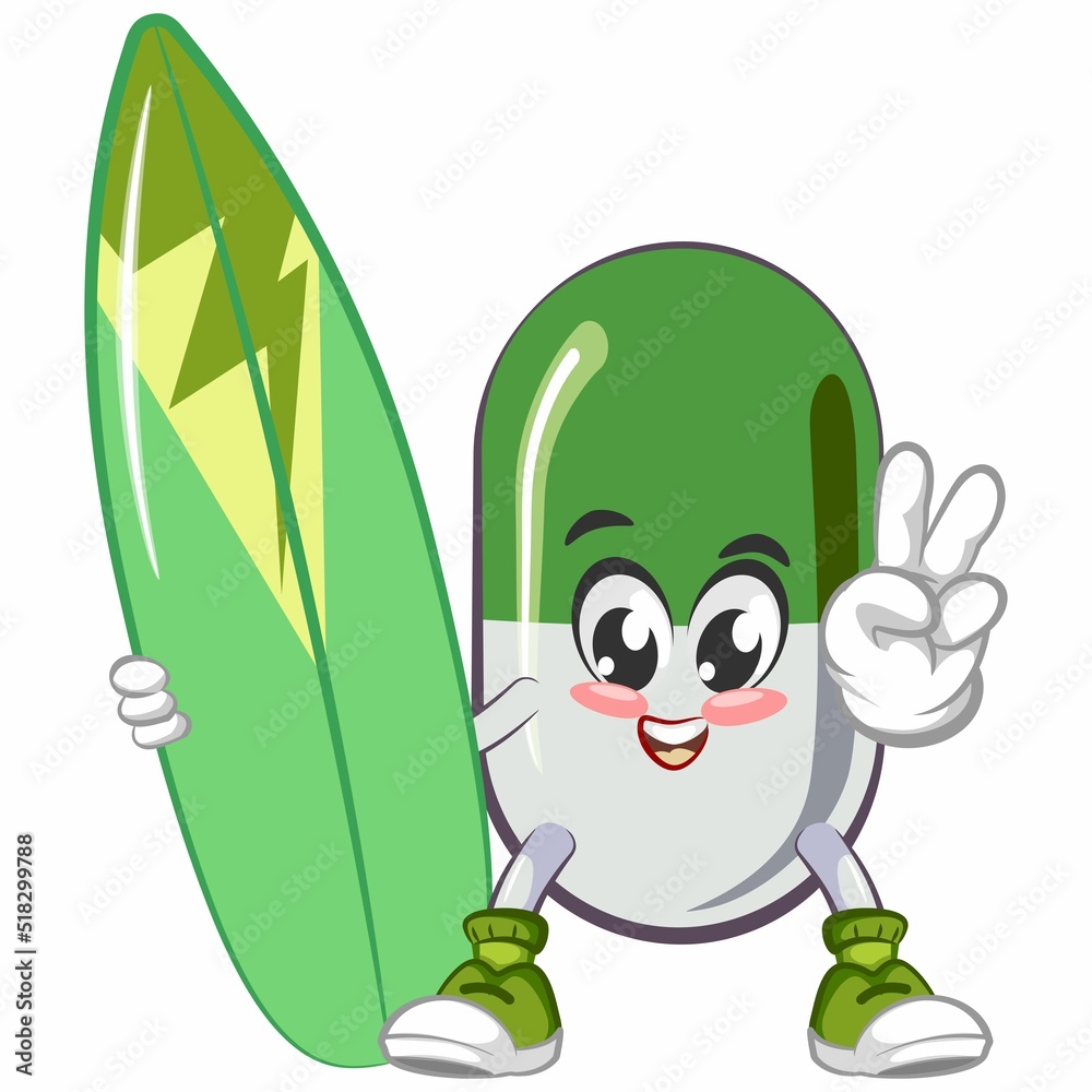 vector illustration of cute capsule mascot with surfboard Stock Vector ...