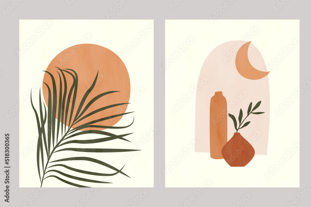 Boho poster collection sun palm and leaf. Pottery and moon. Mid century ...
