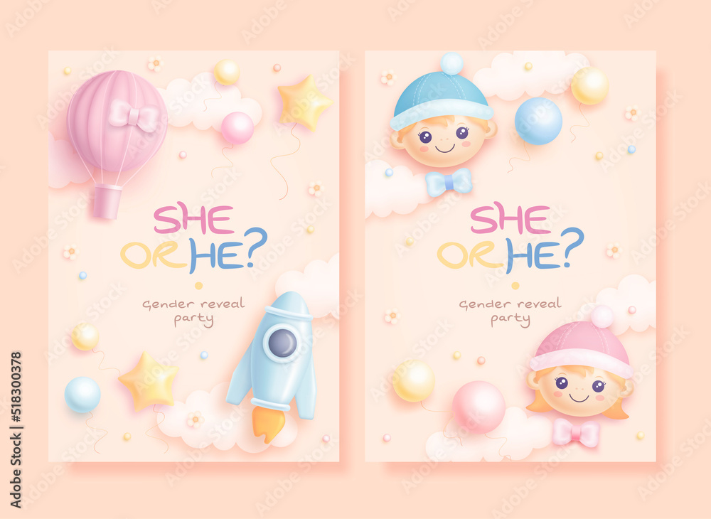 He or she. Boy or Girl. Set of cartoon gender reveal invitation ...