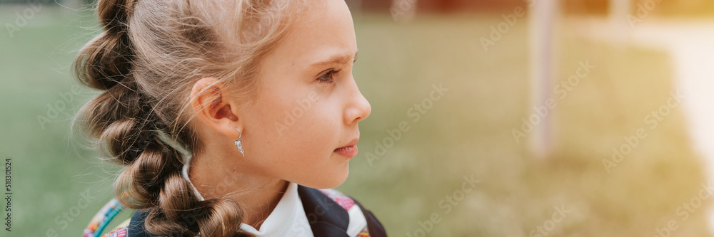 back to school. face portrait little happy kid pupil schoolgirl eight ...