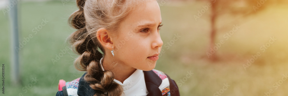 back to school. face portrait little happy kid pupil schoolgirl eight ...