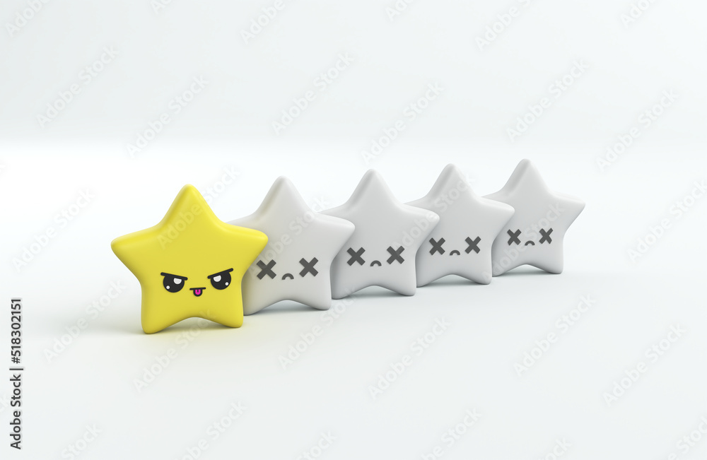 Cute one star bad rating, cartoon on a white background. 3d render ...