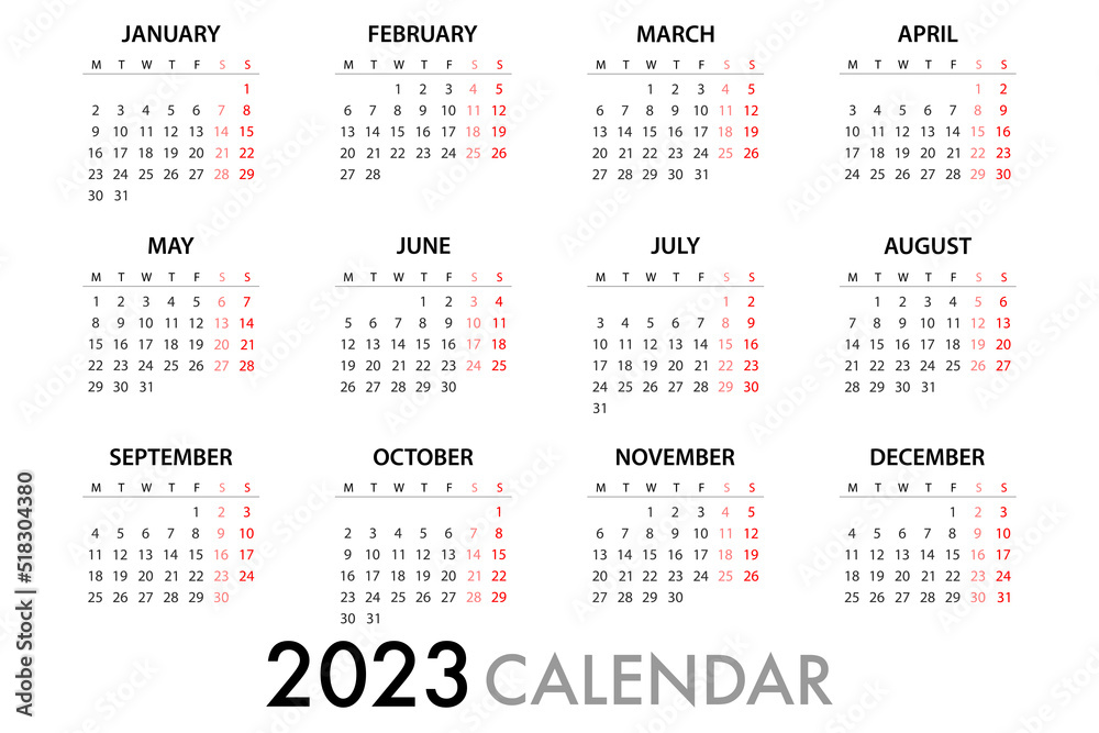 Calendar for 2023 Week Starts Monday. Simple Vector Graphic Stock ...
